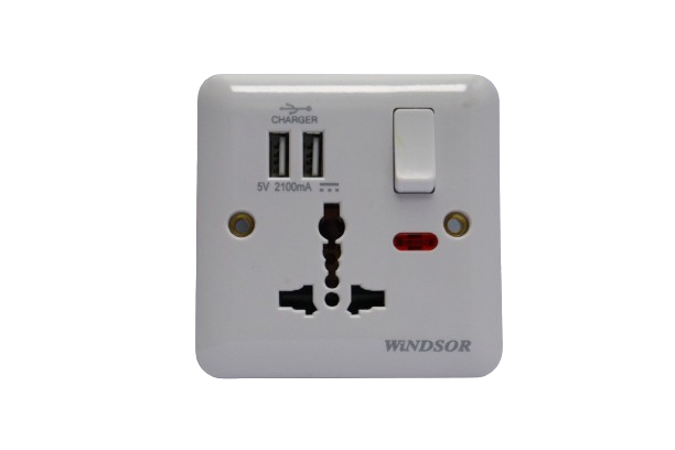 Windsor Ivory 13A 1 Gang Universal Socket with Dual USB Ports and Neon ...