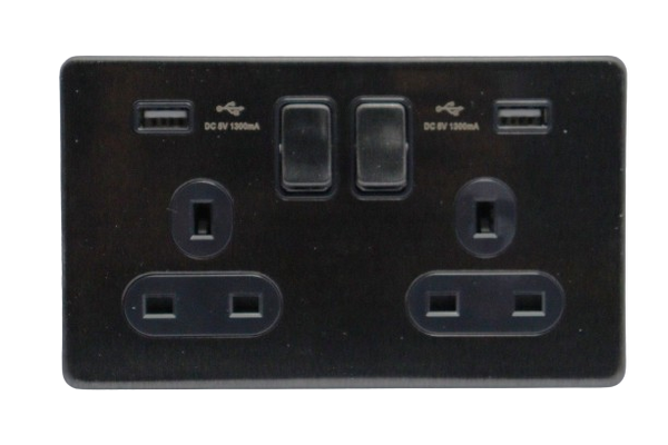 Windsor VIP Black 13A 2 Gang Switched Socket with 2 USB Ports and Neon ...
