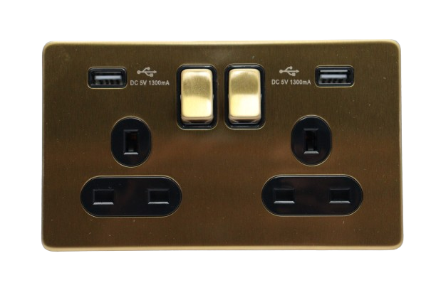 Windsor VIP Gold 13A 2 Gang Switched Socket with 2 USB Ports and Neon ...